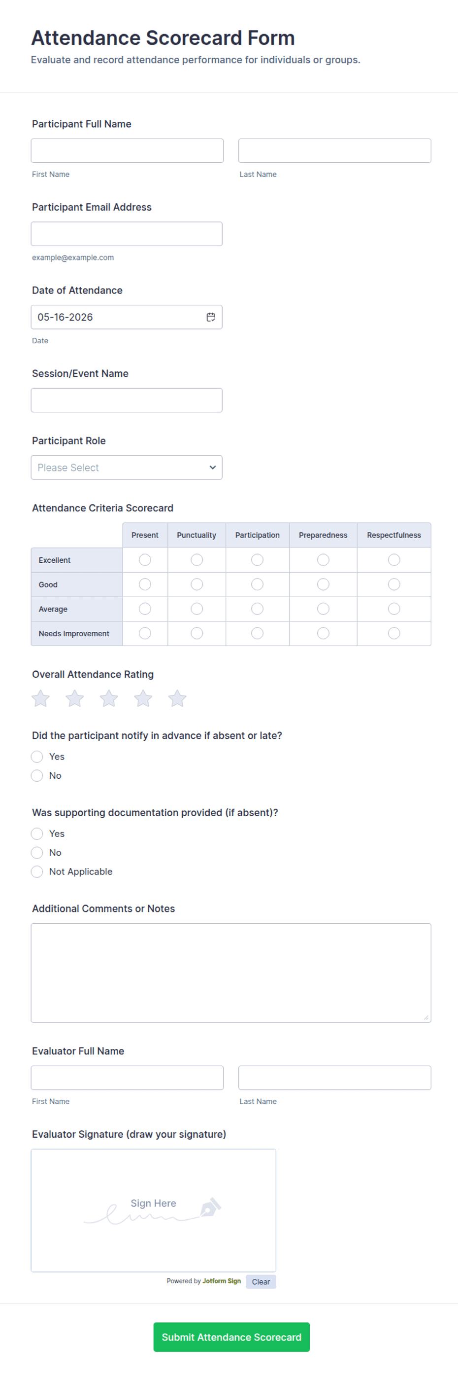 Attendance Scorecard Form Template | Jotform