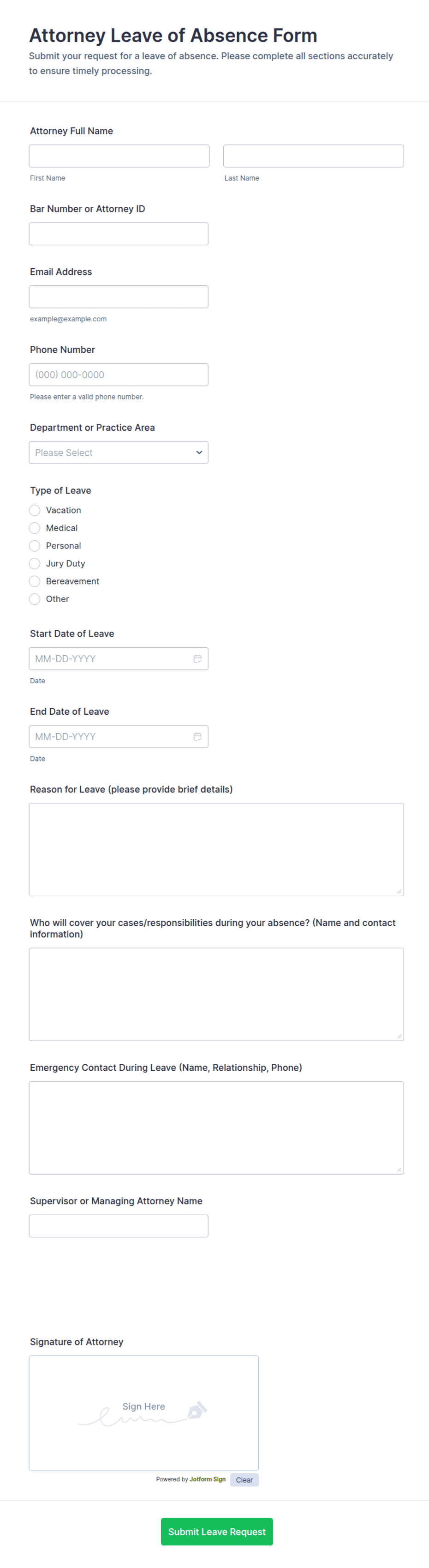 Attorney Leave of Absence Form Template | Jotform