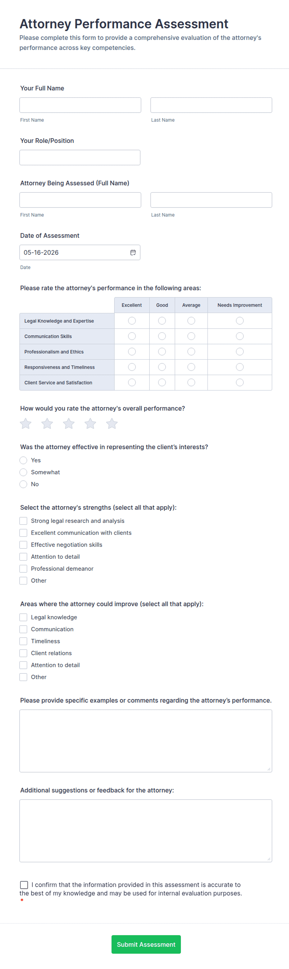 Attorney Performance Assessment Form Template | Jotform