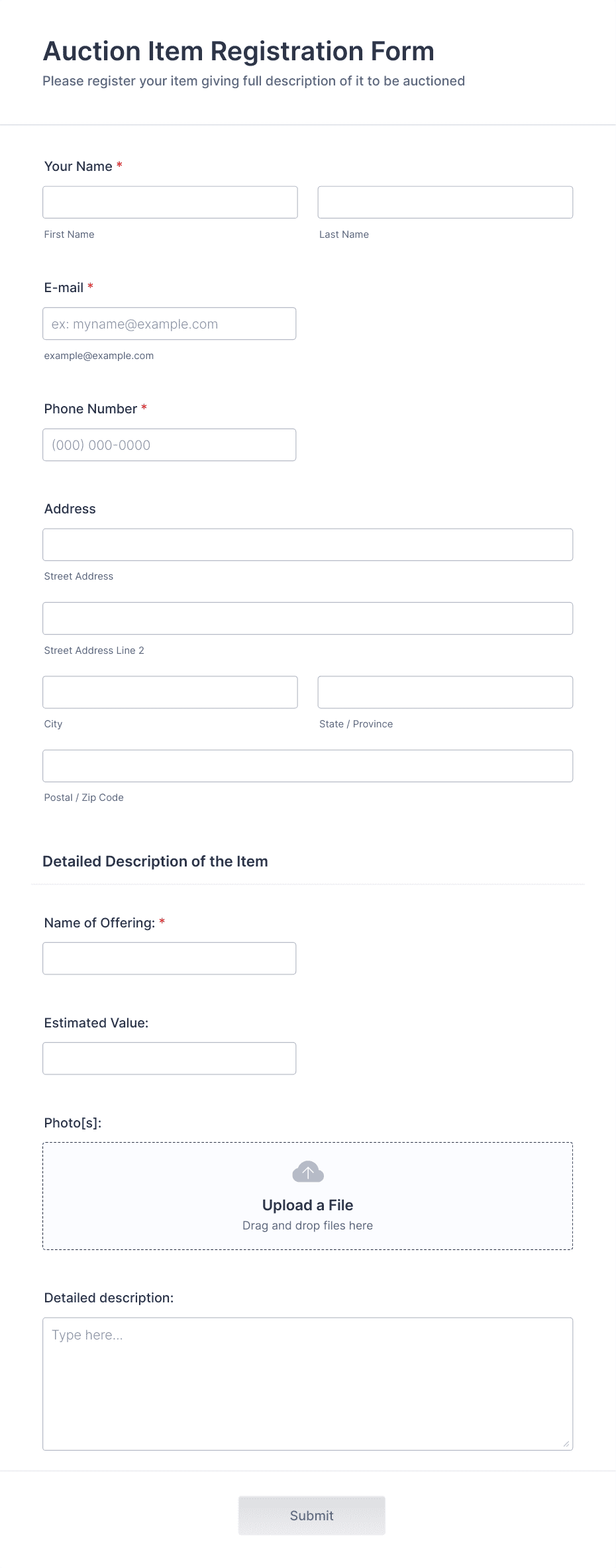 Auction Item Registration Form Template | Jotform
