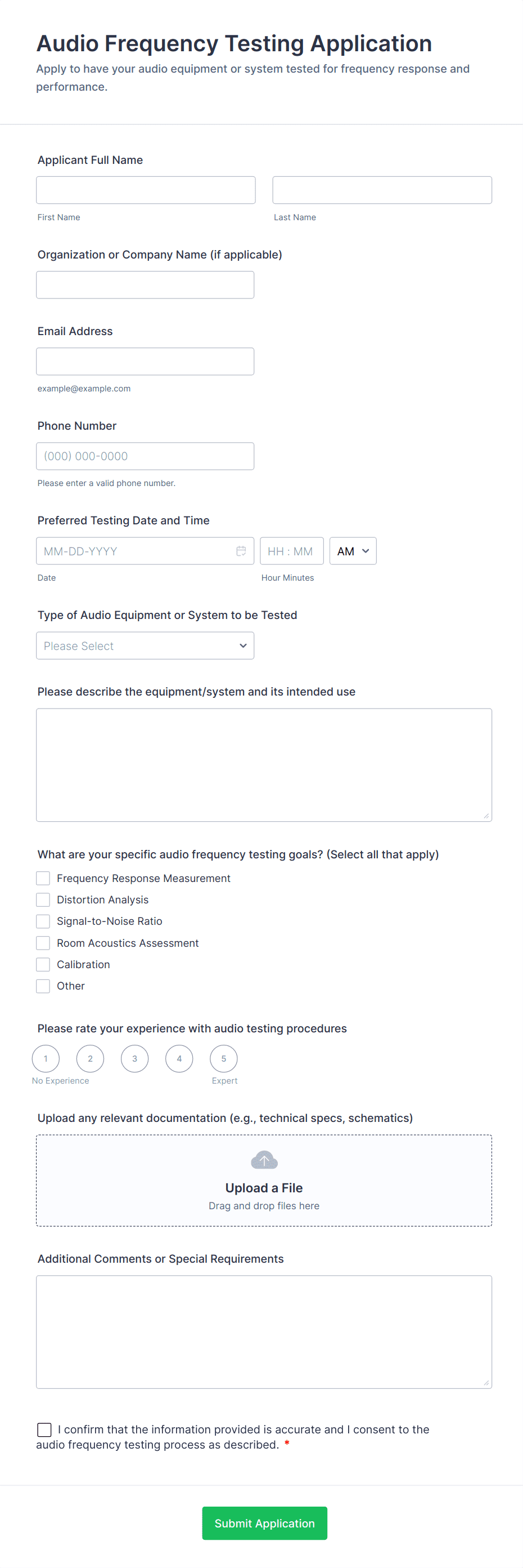 Audio Frequency Testing Application Form Template | Jotform