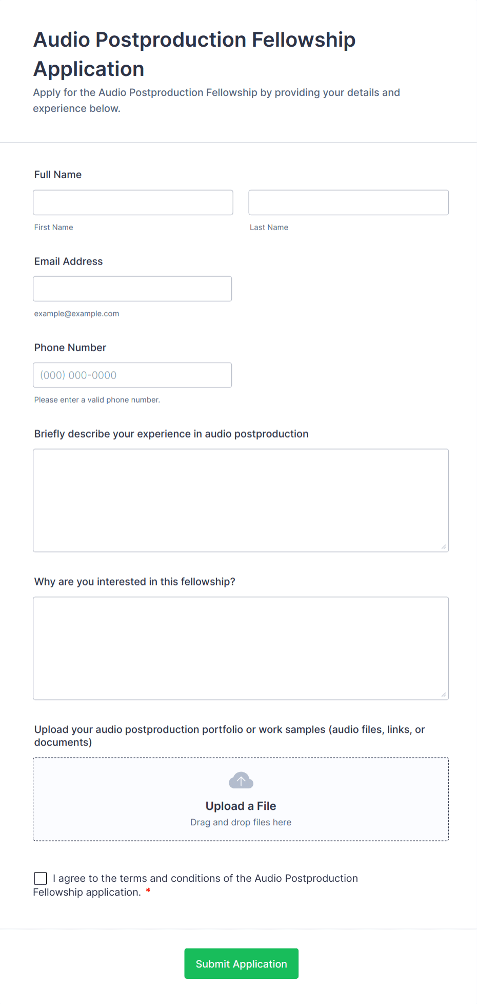 Audio Postproduction Fellowship Application Form Template | Jotform