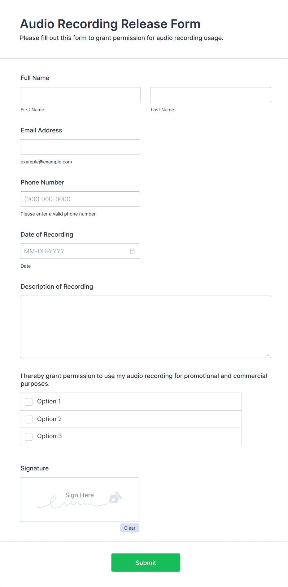 Audio Recording Release Form Template | Jotform