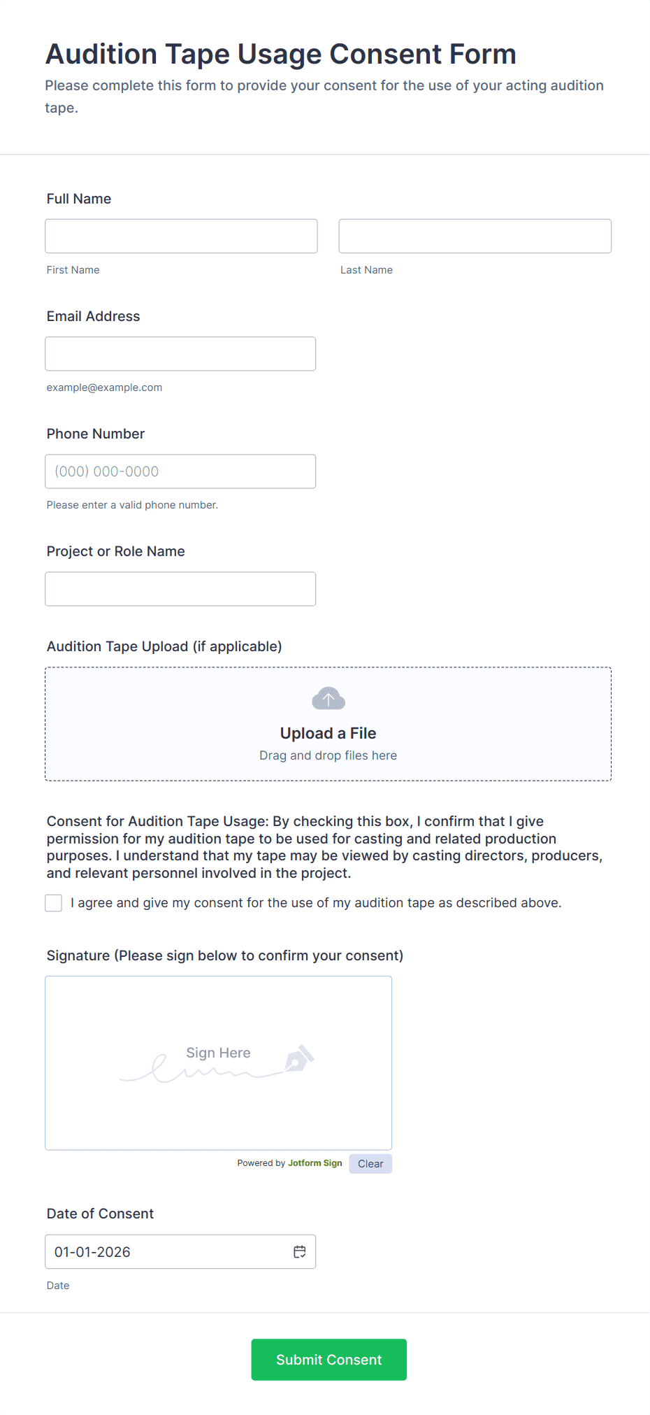 Audition Tape Usage Consent Form Template | Jotform