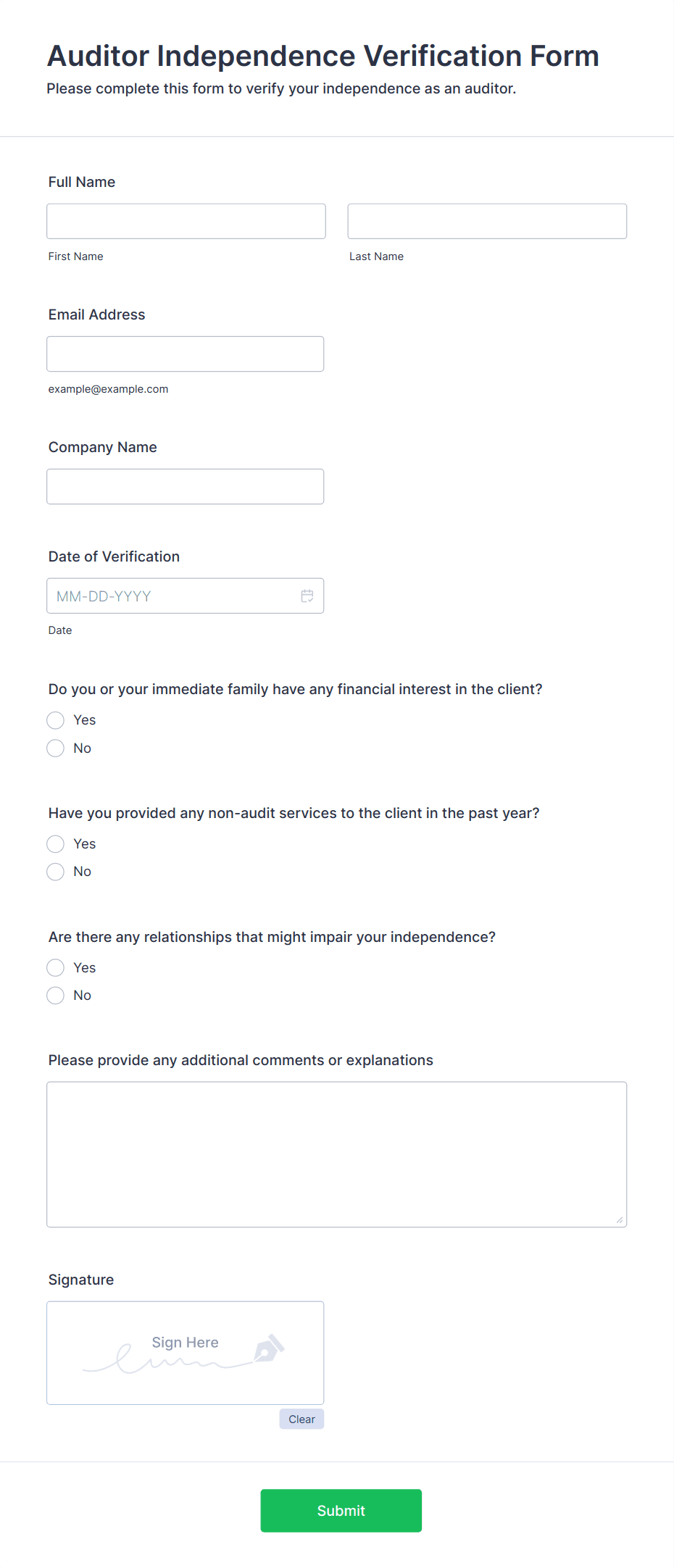 Auditor Independence Verification Form Template | Jotform