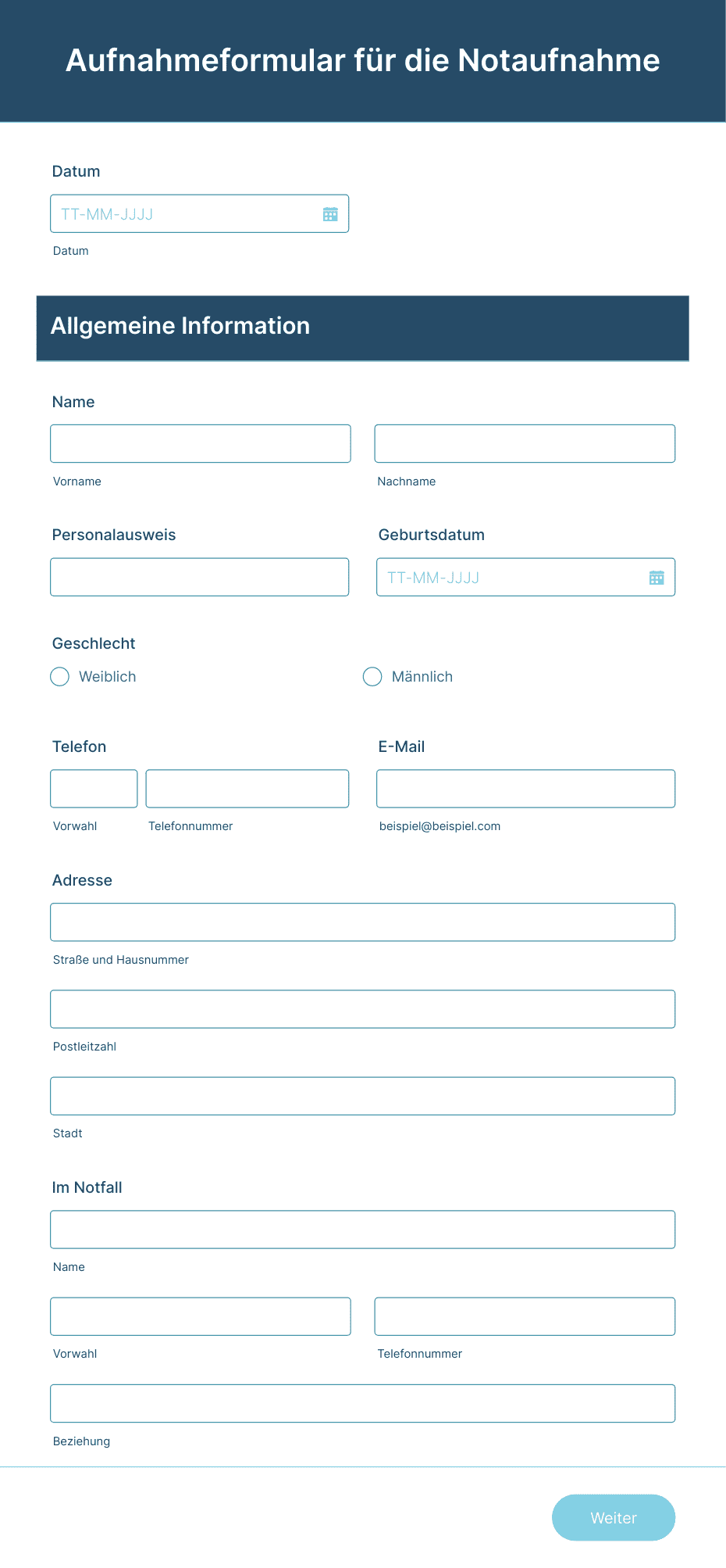 Aufnahmeformular für die Notaufnahme Formularvorlage | Jotform