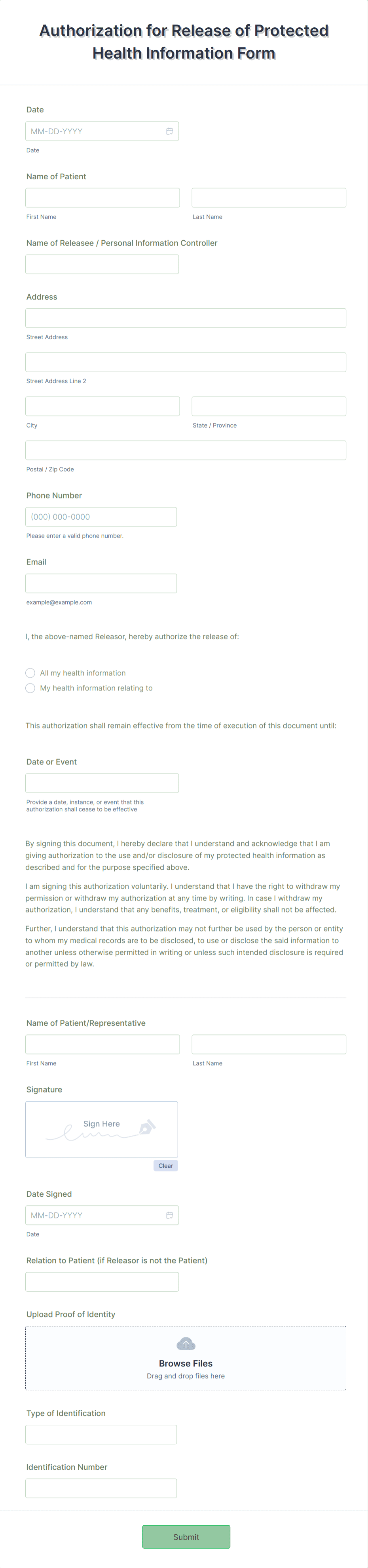Authorization for Release of Protected Health Information Form Template | Jotform