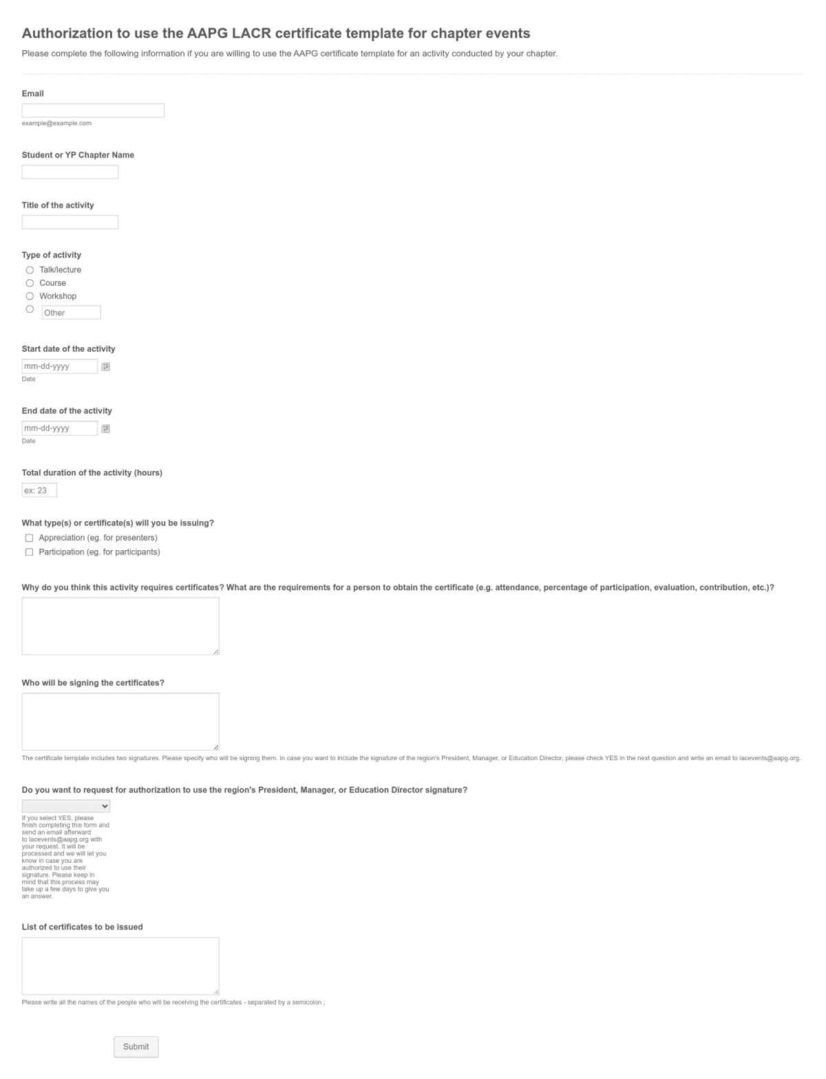 Authorization to use the AAPG LACR certificate template for chapter ...