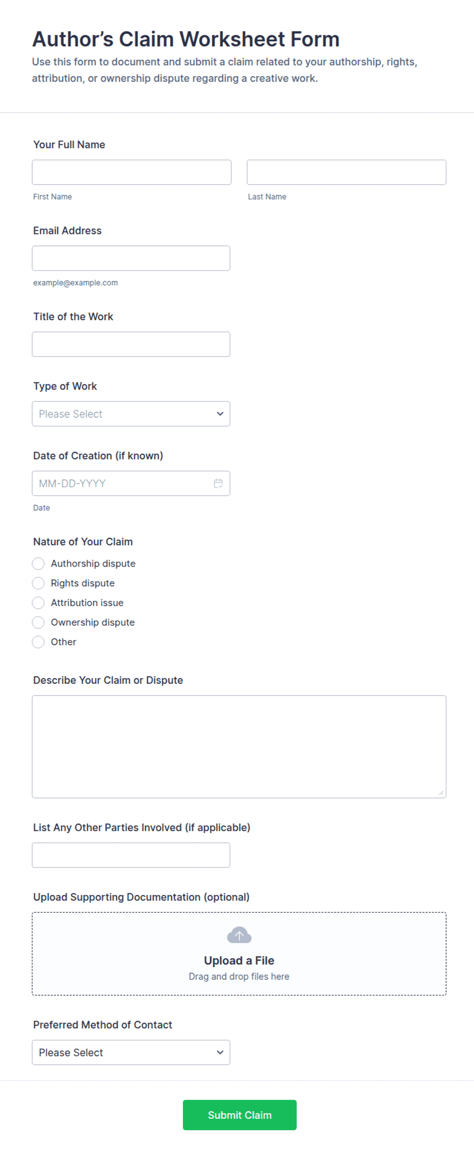 Author’s Claim Worksheet Form Template | Jotform