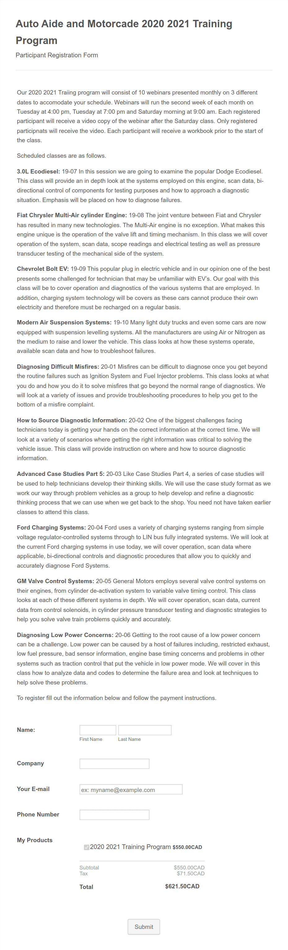 Auto Aide 2020 Training program Form Template | Jotform