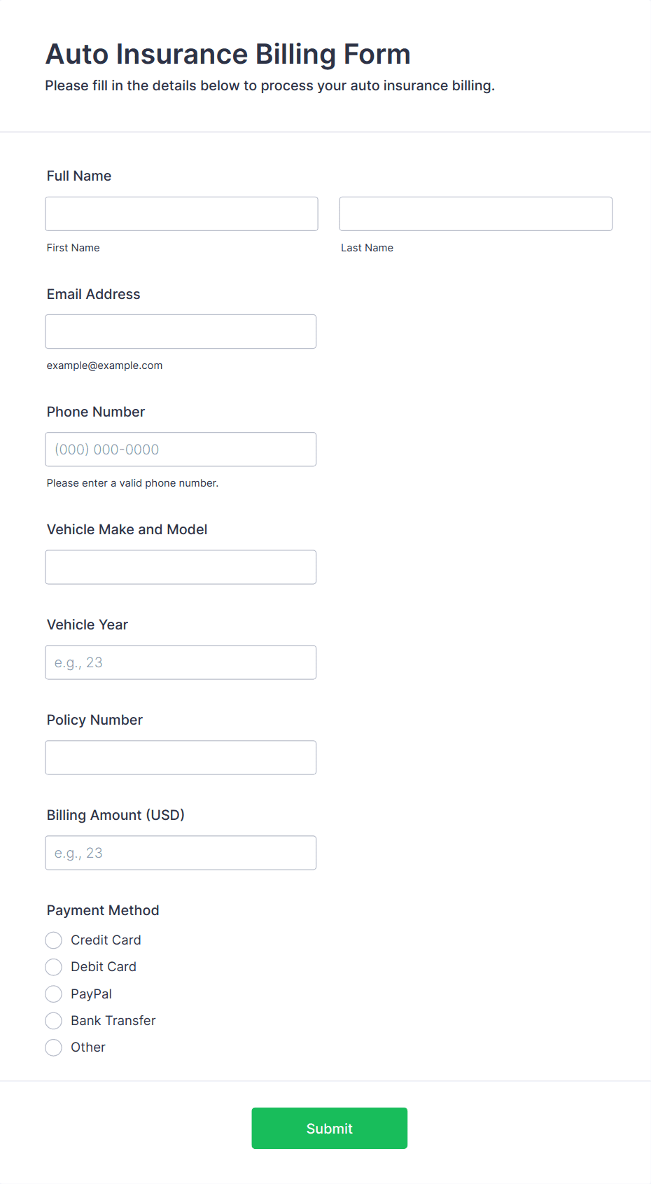 Auto Insurance Billing Form Template | Jotform