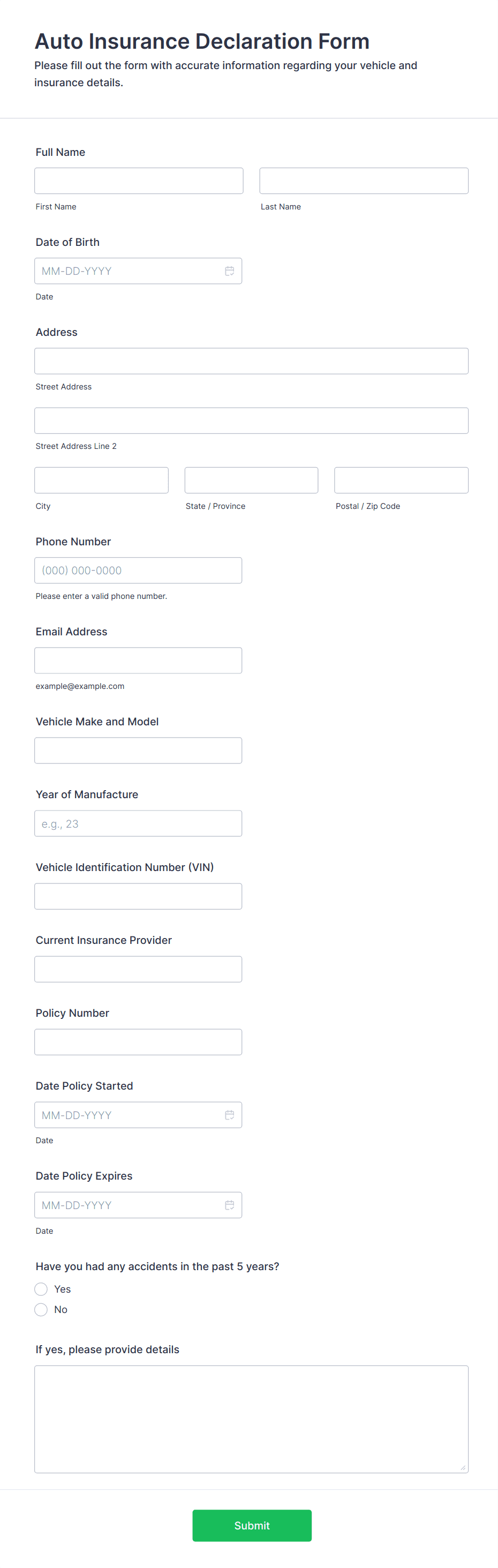Auto Insurance Declaration Form Template | Jotform