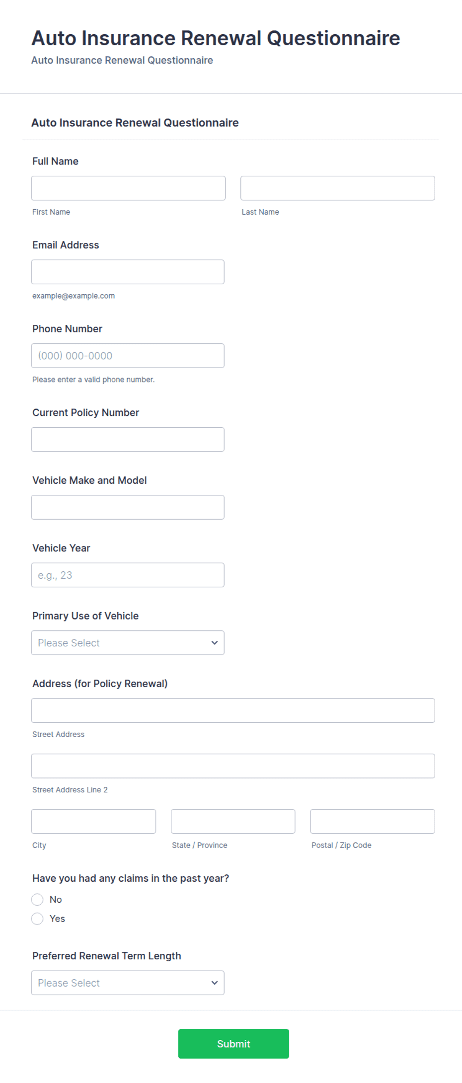 Auto Insurance Renewal Questionnaire Form Template | Jotform