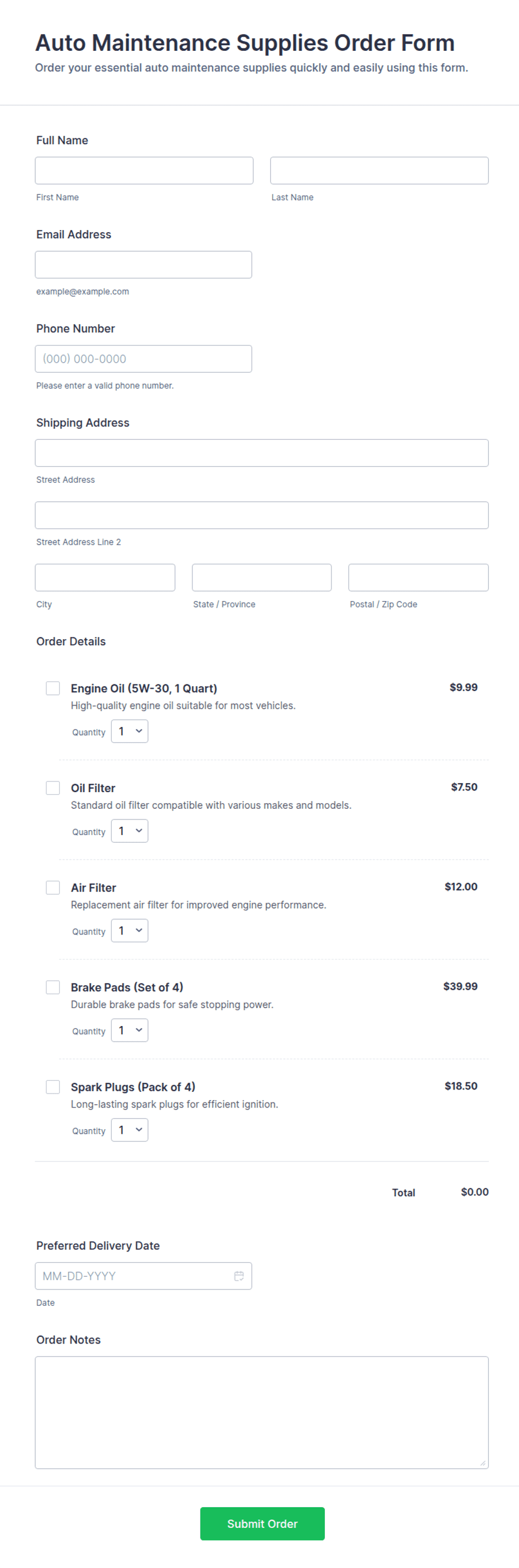 Auto Maintenance Supplies Order Form Template | Jotform