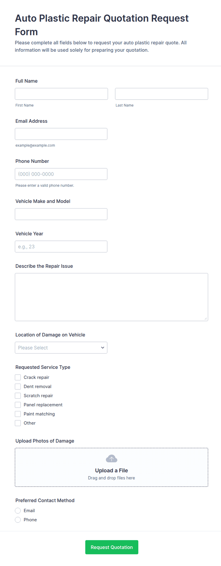 Auto Plastic Repair Quotation Request Form Template | Jotform