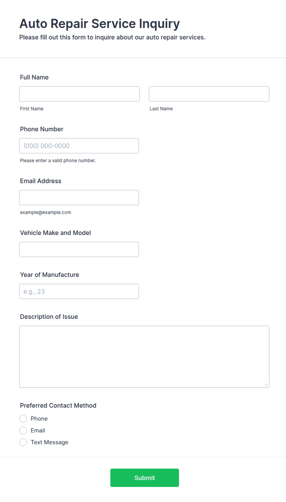 Auto Repair Service Inquiry Form Template | Jotform