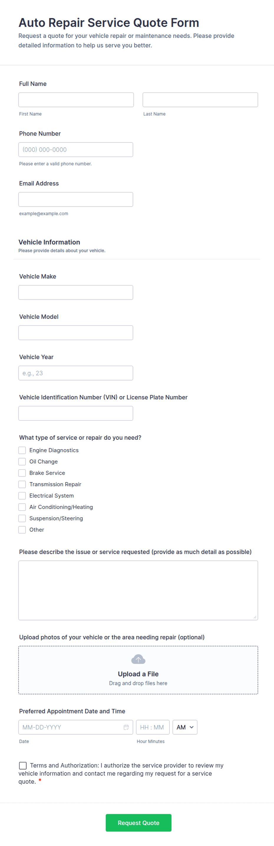 Auto Repair Service Quote Form Template | Jotform
