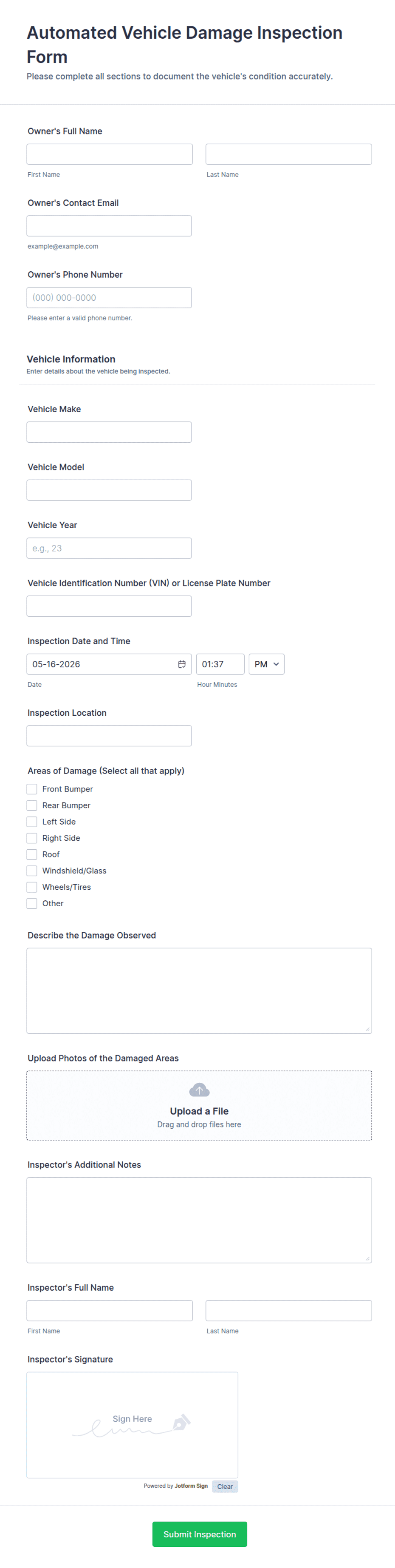 Automated Vehicle Damage Inspection Form Template | Jotform