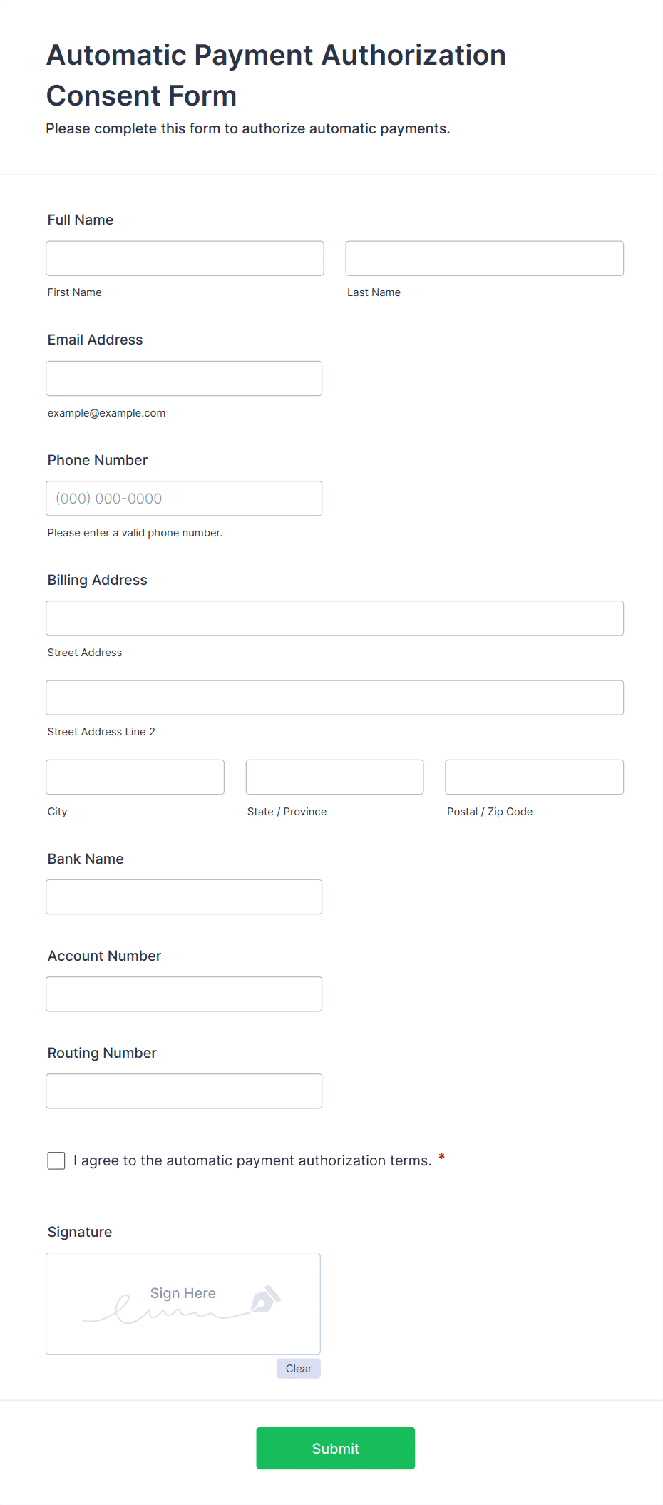 Automatic Payment Authorization Consent Form Template | Jotform