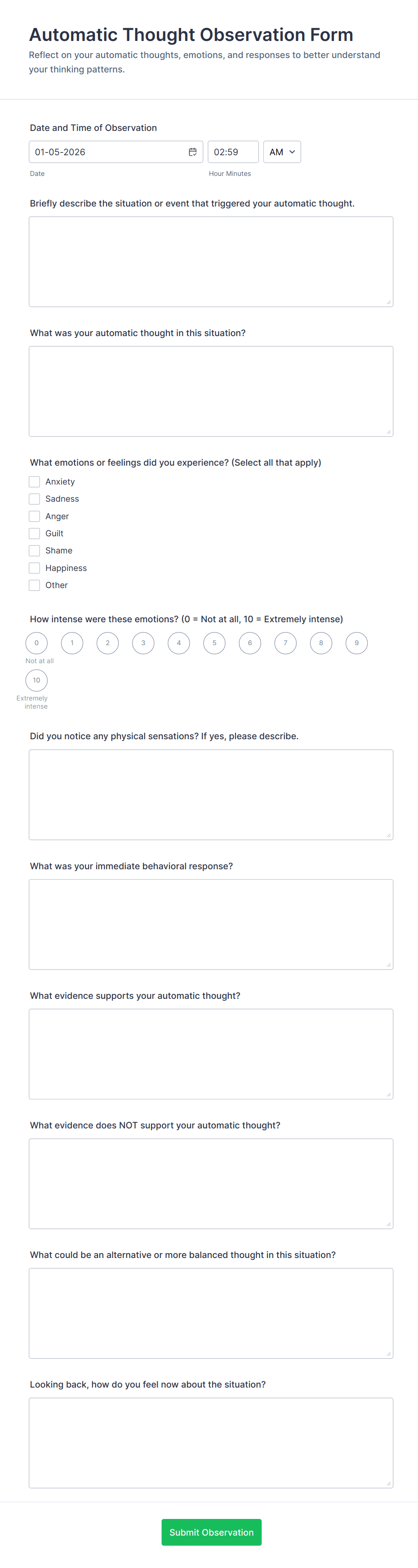 Automatic Thought Observation Form Template | Jotform