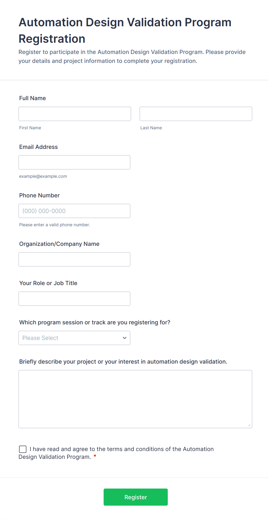 Automation Design Validation Program Registration Form Template | Jotform