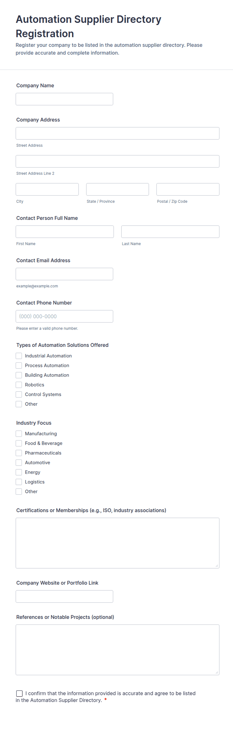 Automation Supplier Directory Registration Form Template | Jotform
