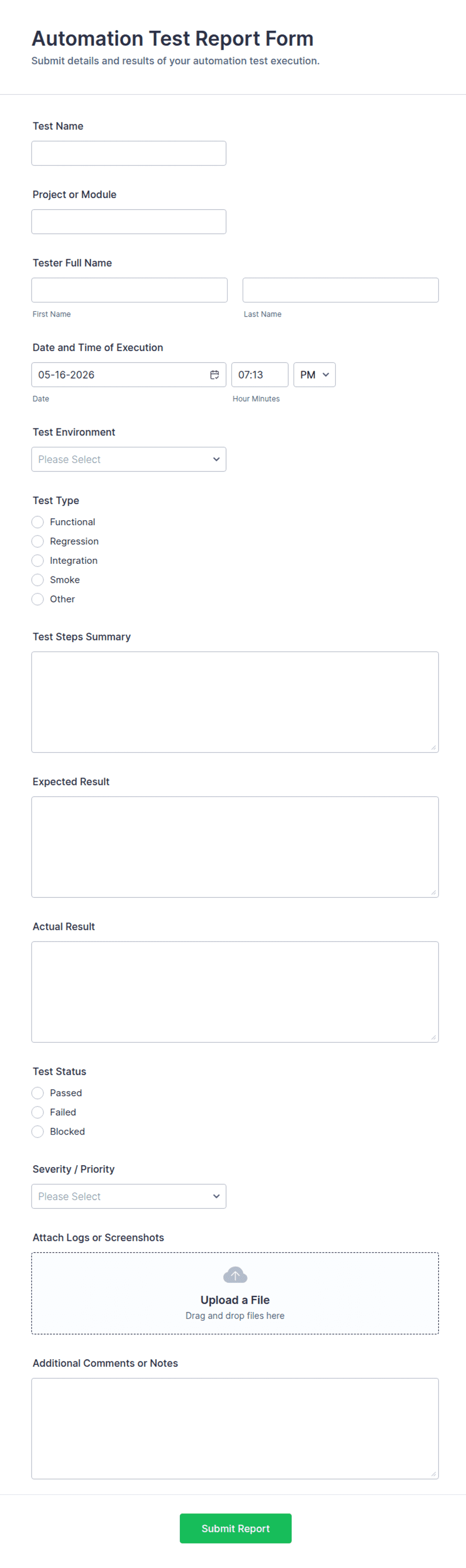 Automation Test Report Form Template | Jotform