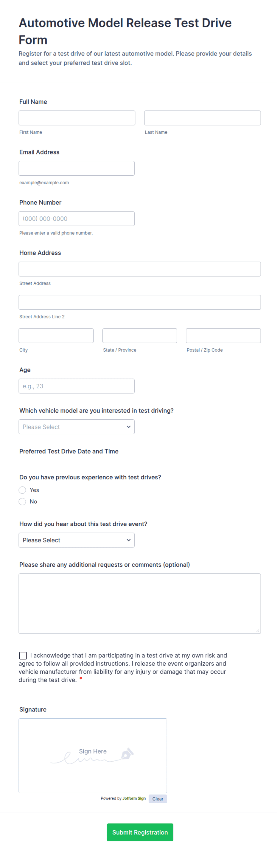 Automotive Model Release Test Drive Form Template | Jotform