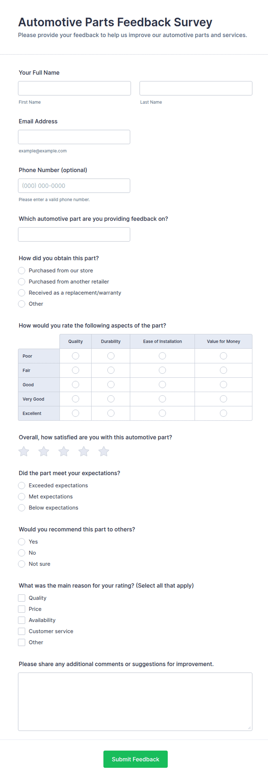 Automotive Parts Feedback Survey Form Template | Jotform
