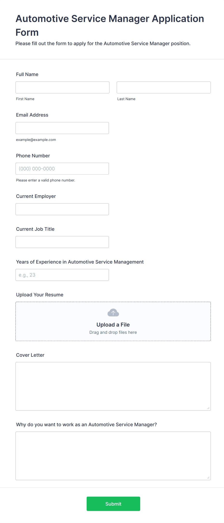 Automotive Service Manager Application Form Template | Jotform