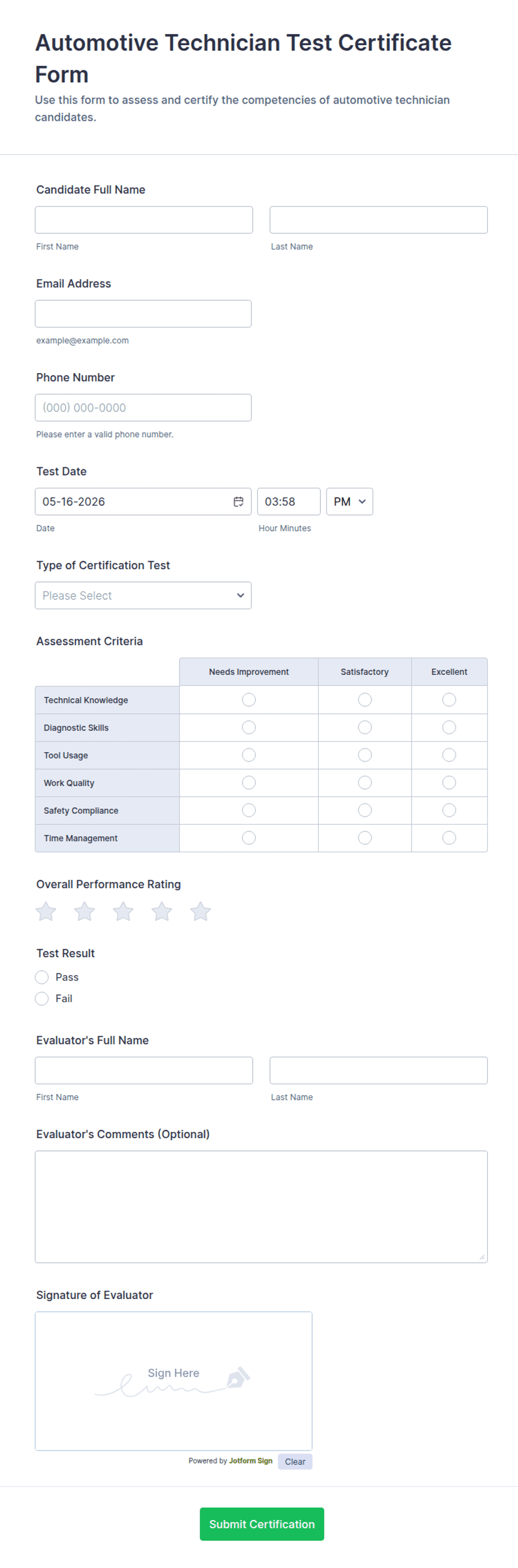 Automotive Technician Test Certificate Form Template | Jotform