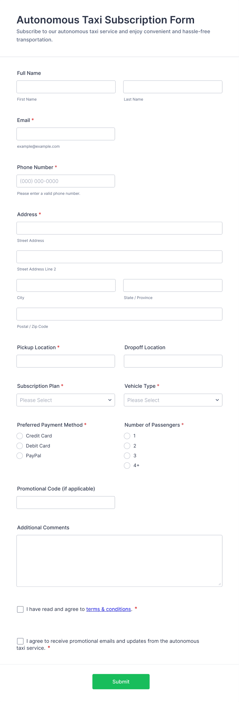 Autonomous Taxi Subscription Form Template | Jotform
