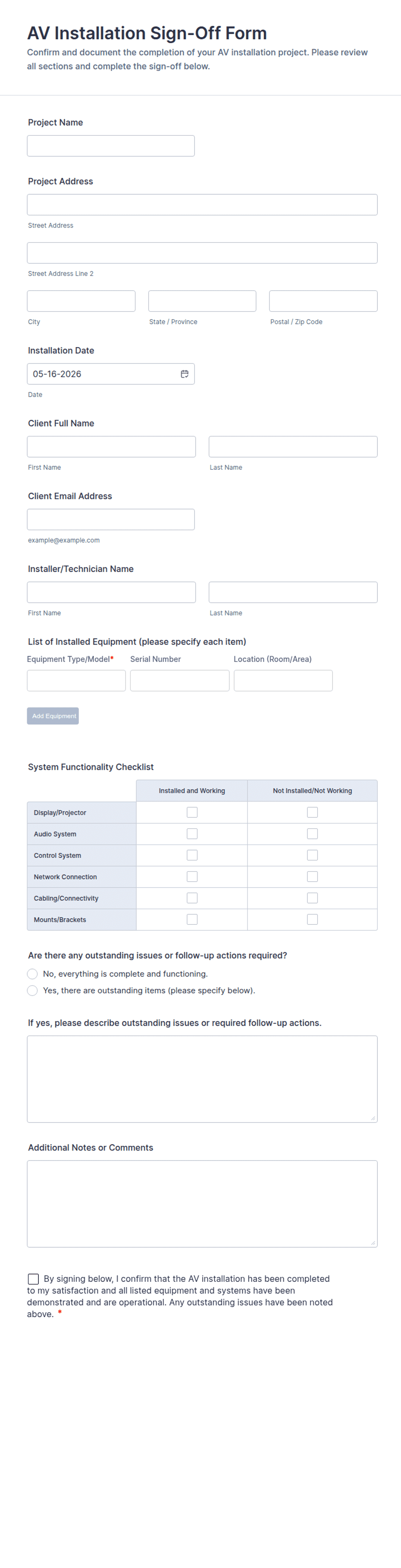 AV Installation Sign-Off Form Template | Jotform