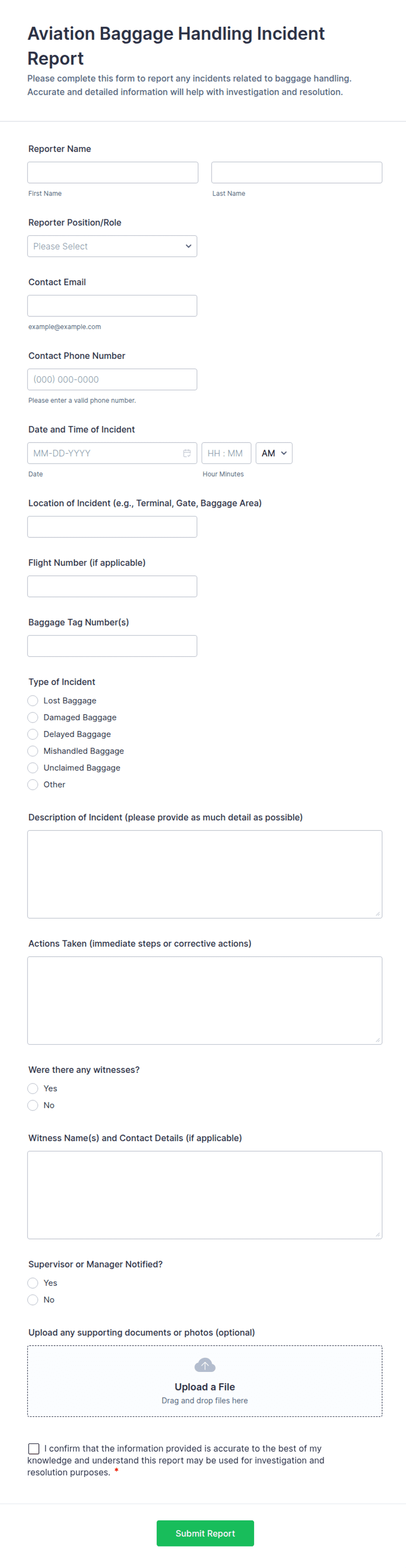 Aviation Baggage Handling Incident Report Form Template | Jotform