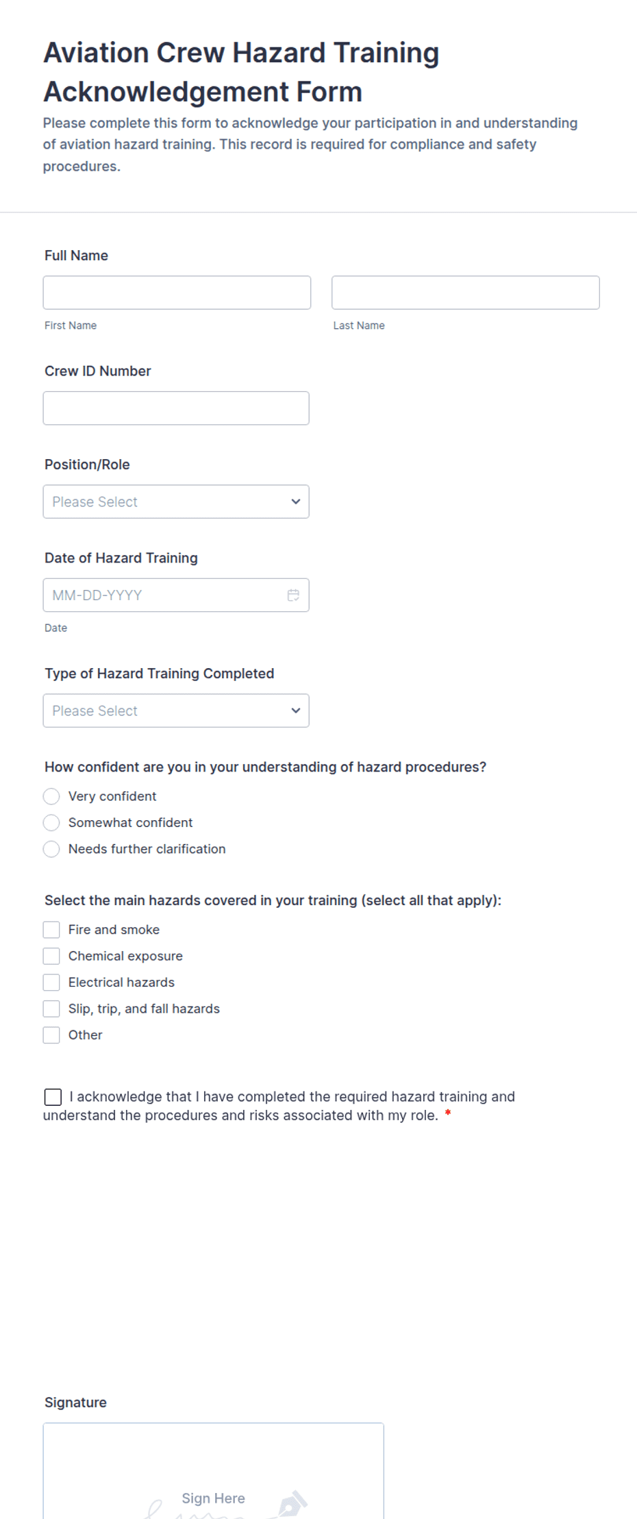 Aviation Crew Hazard Training Acknowledgement Form Template | Jotform