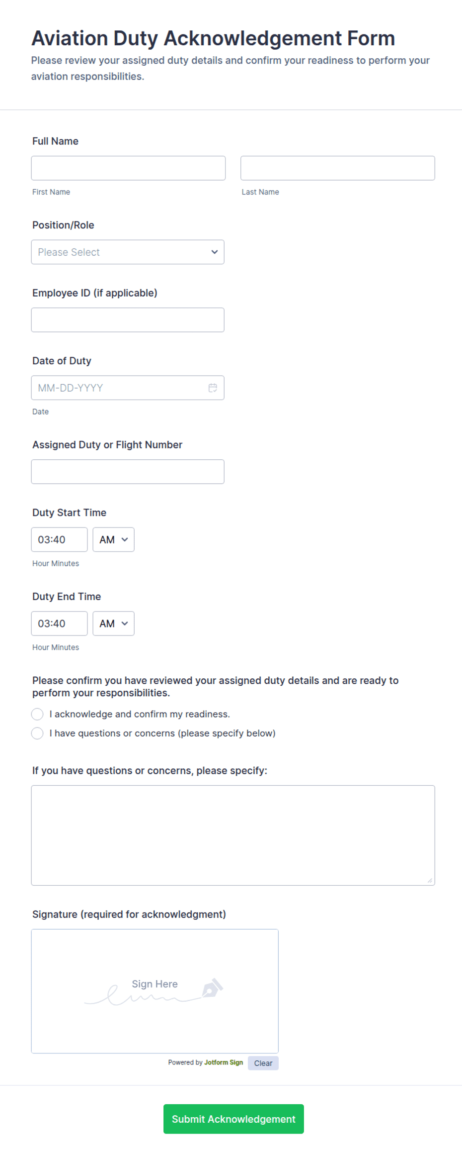 Aviation Duty Acknowledgement Form Template | Jotform