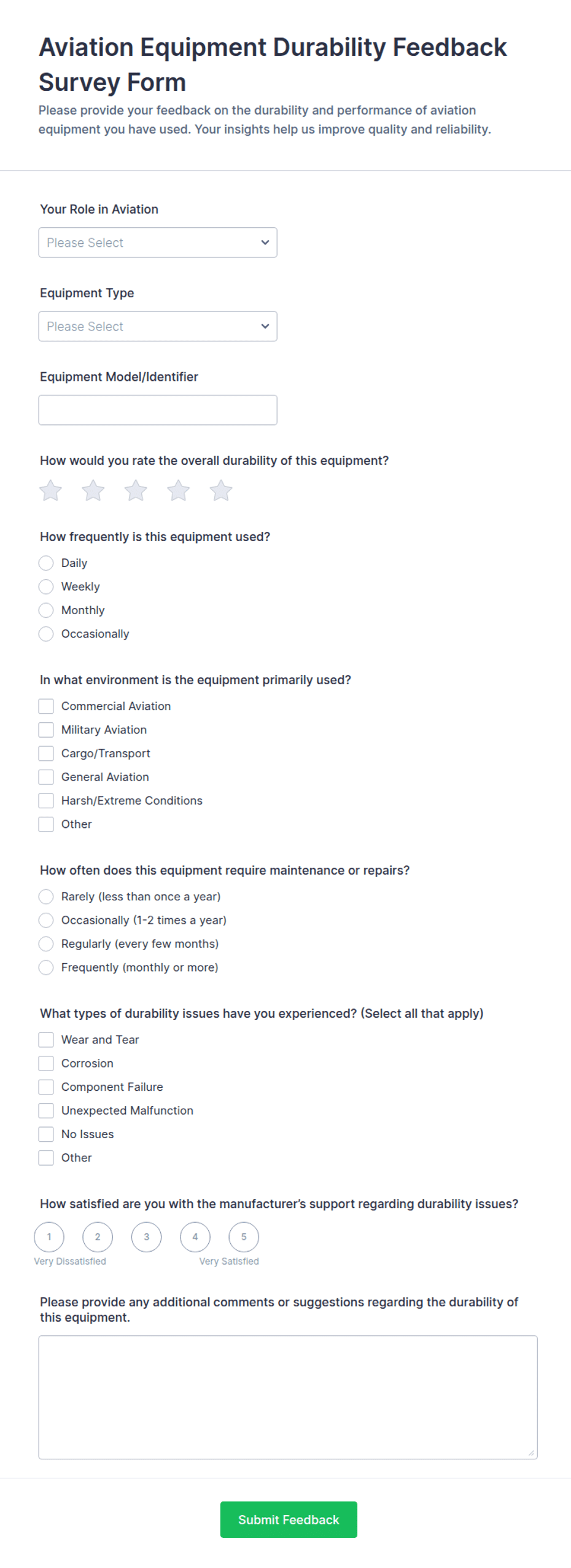 Aviation Equipment Durability Feedback Survey Form Template | Jotform