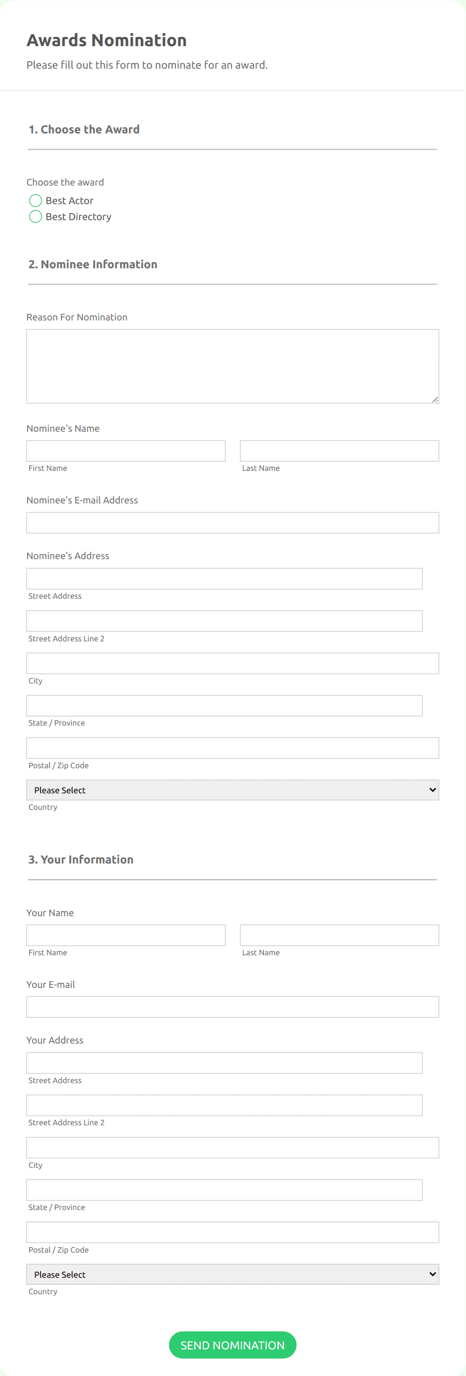 Responsive Awards Nomination - Green Theme Form Template | Jotform
