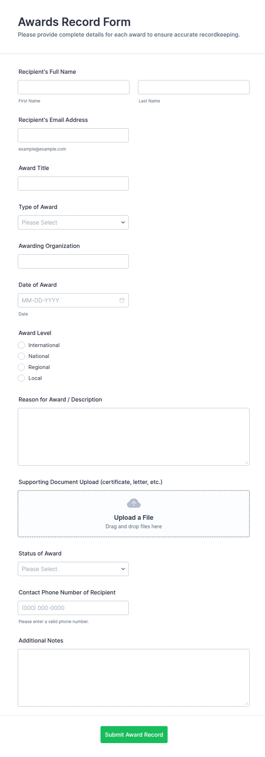 Awards Record Form Template | Jotform