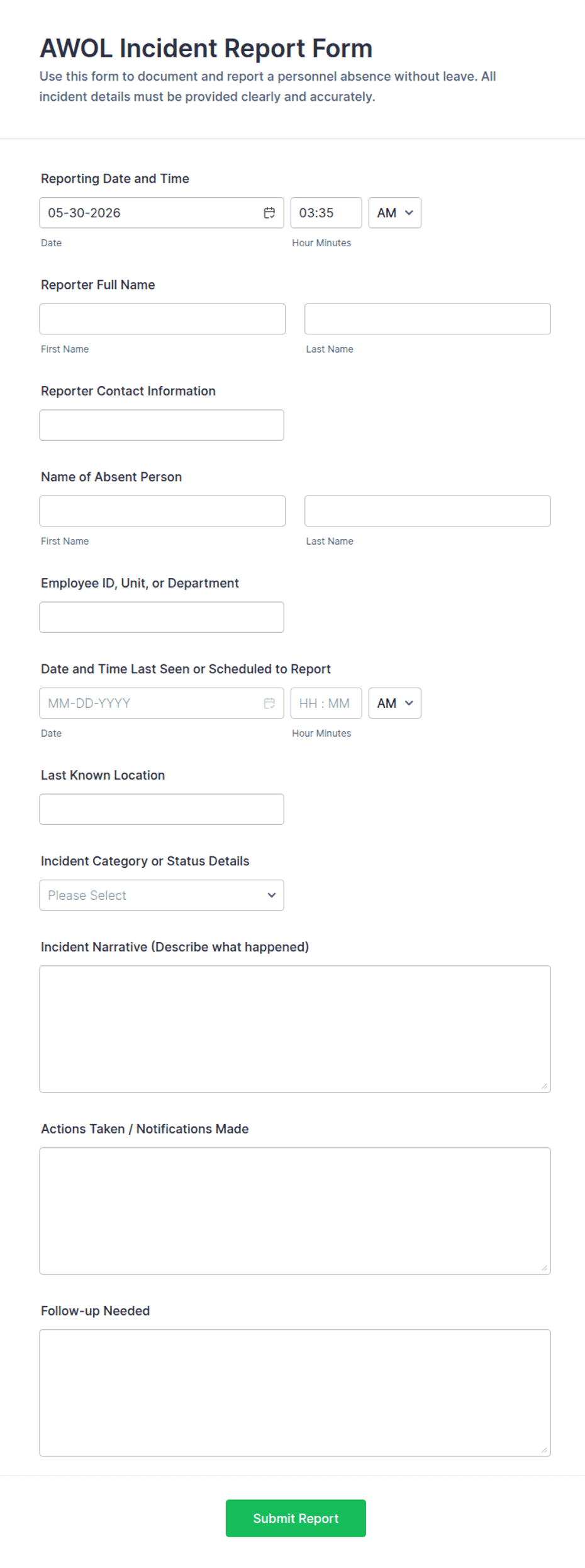 AWOL Incident Report Form Template | Jotform