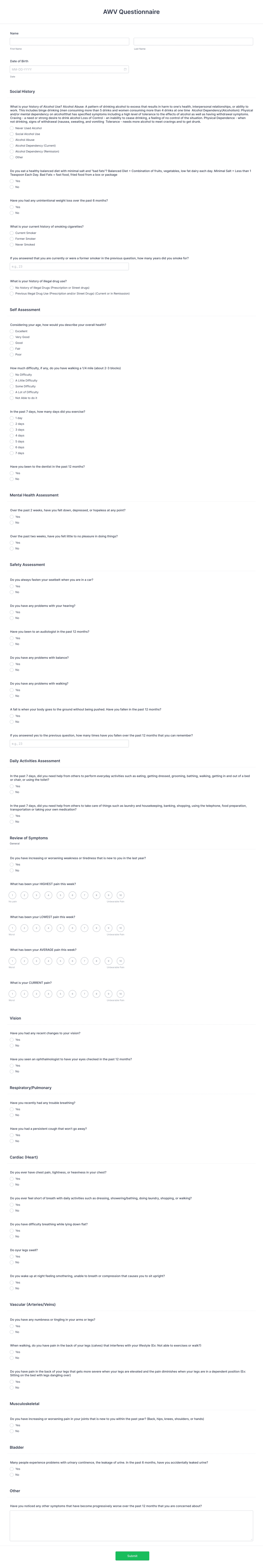 AWV Questionnaire Form Template | Jotform