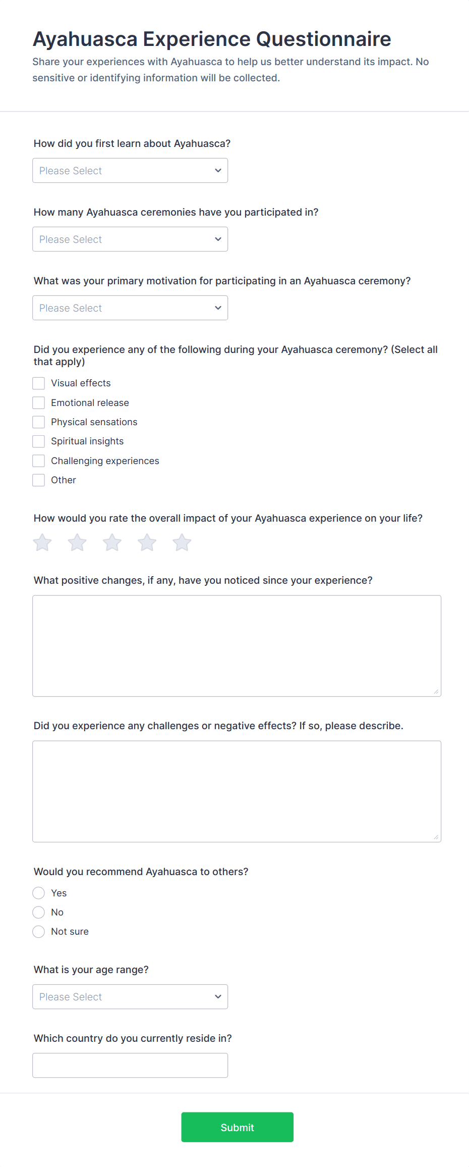 Ayahuasca Experience Questionnaire Form Template | Jotform