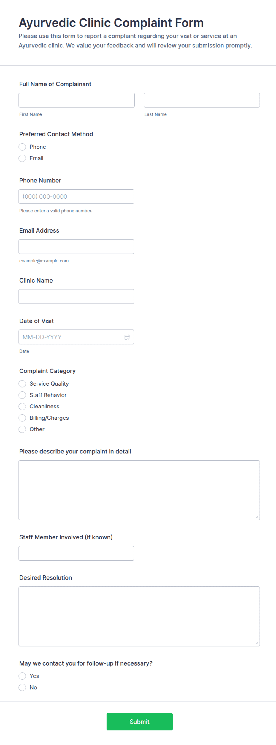 Ayurvedic Clinic Complaint Form Template | Jotform