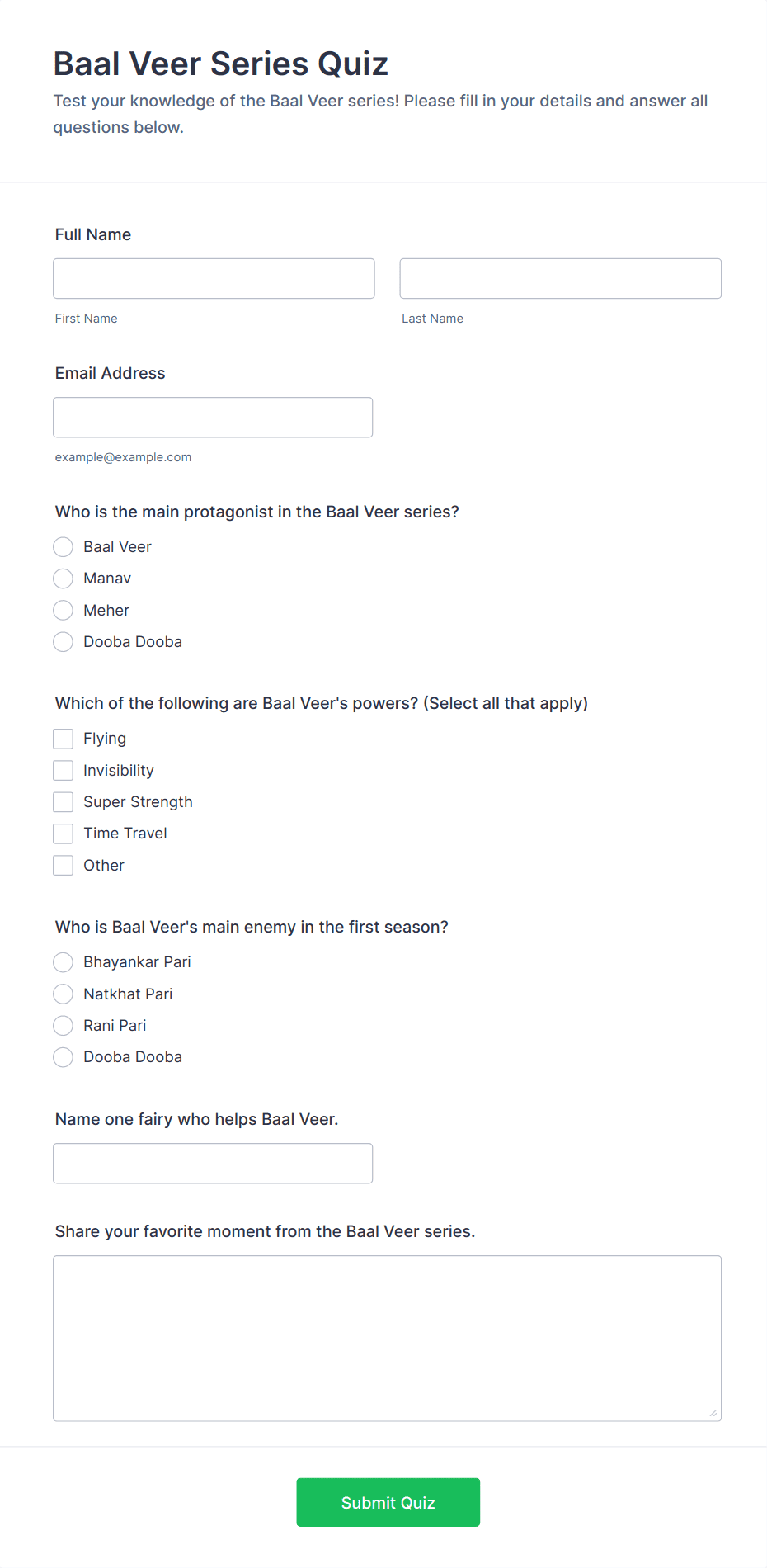 Baal Veer Series Quiz Form Template | Jotform