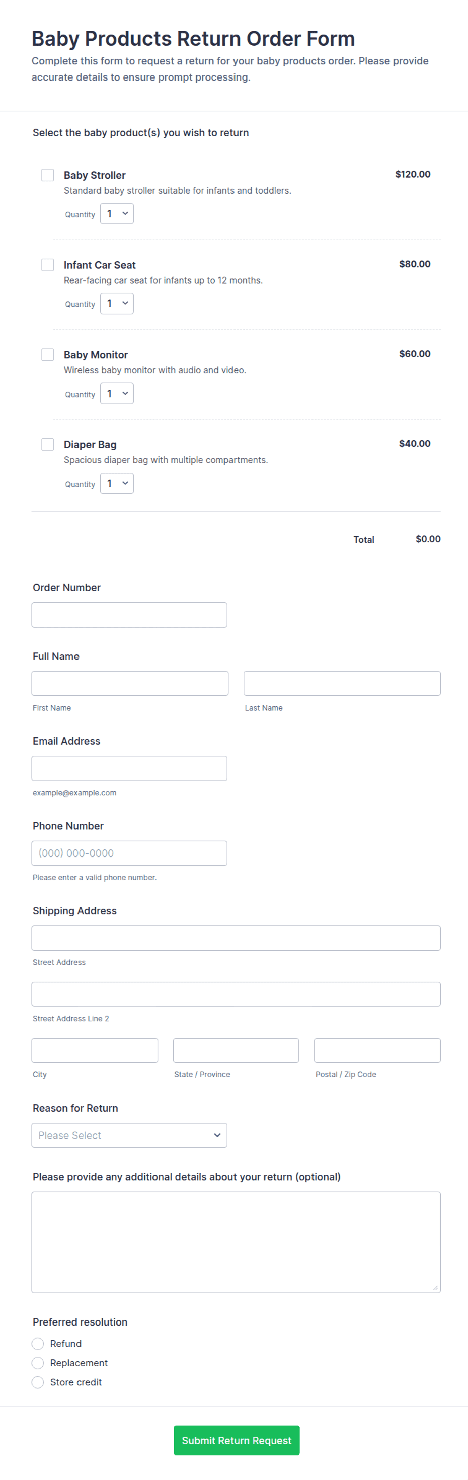 Baby Products Return Order Form Template | Jotform