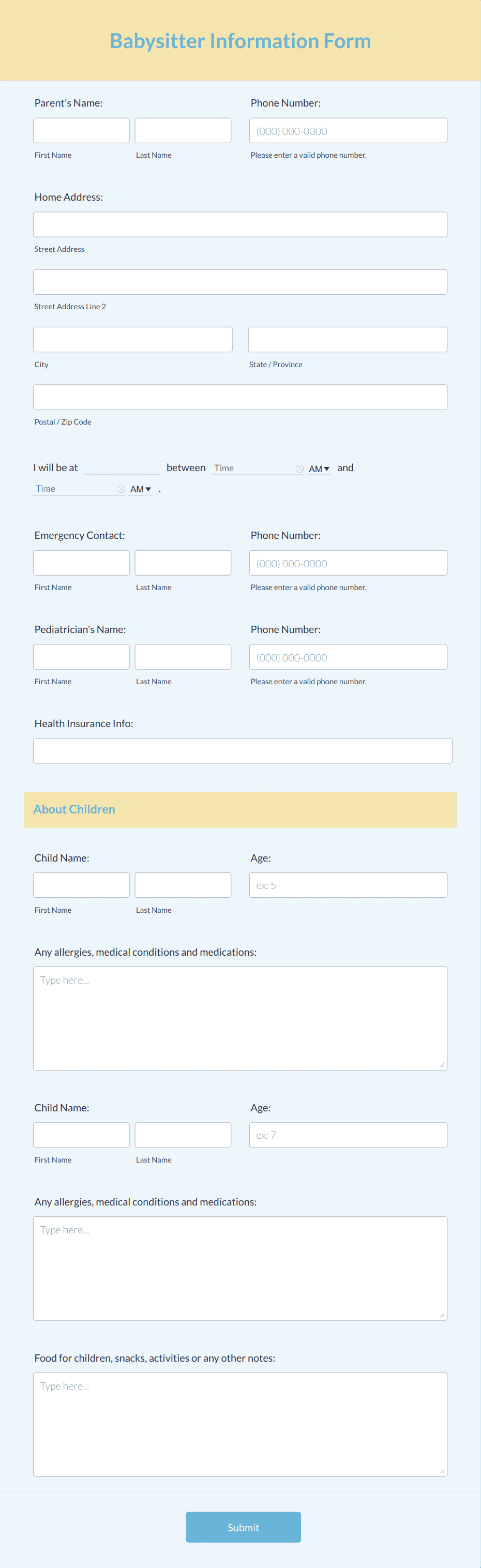 Babysitter Information Form Template | Jotform