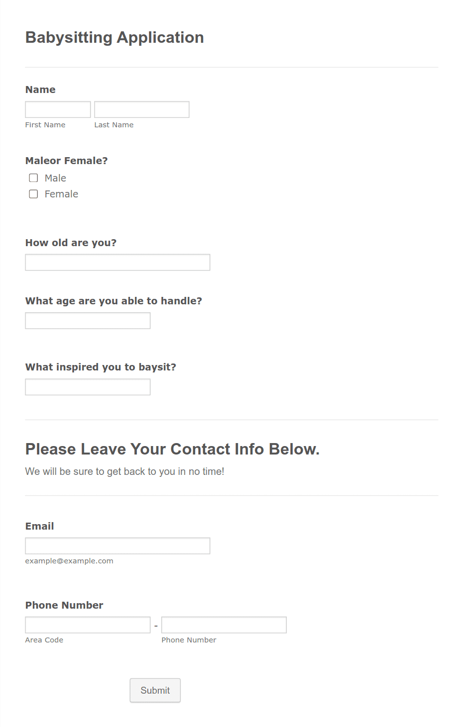Babysitting Application Form Template | Jotform