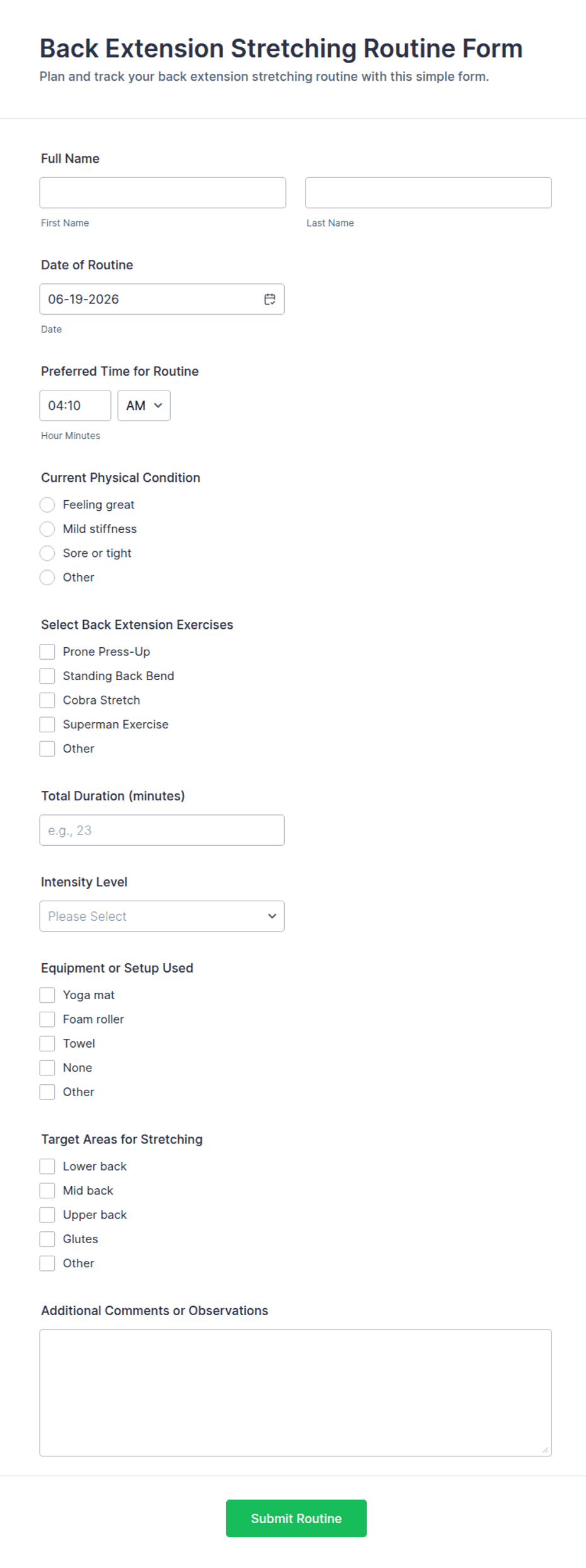 Back Extension Stretching Routine Form Template | Jotform