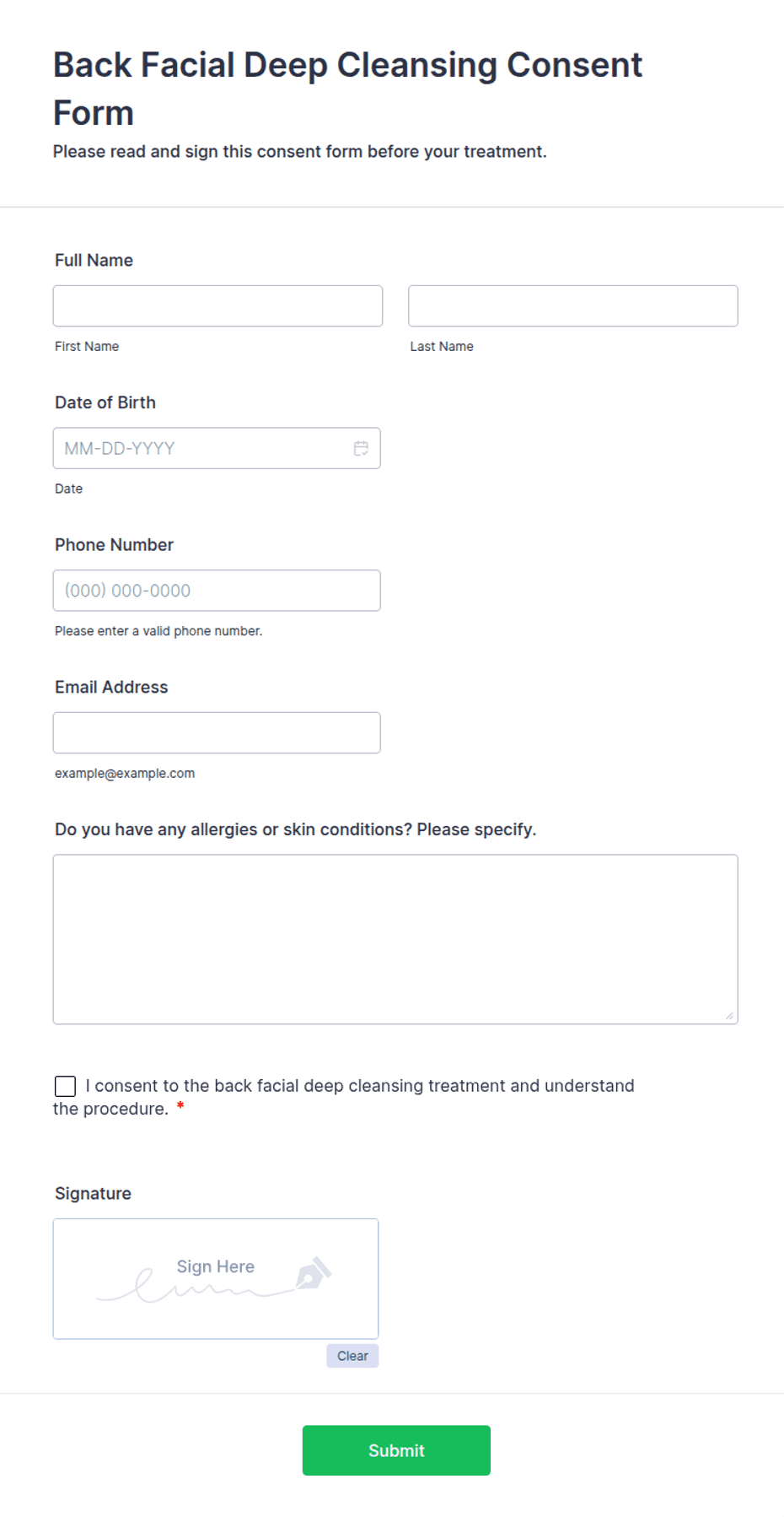 Back Facial Deep Cleansing Consent Form Template | Jotform