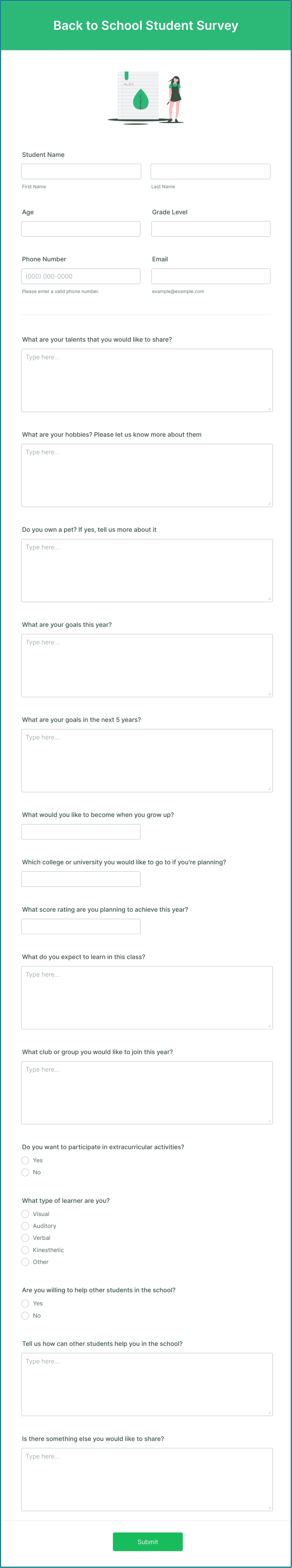 Back to School Student Survey Form Template | Jotform